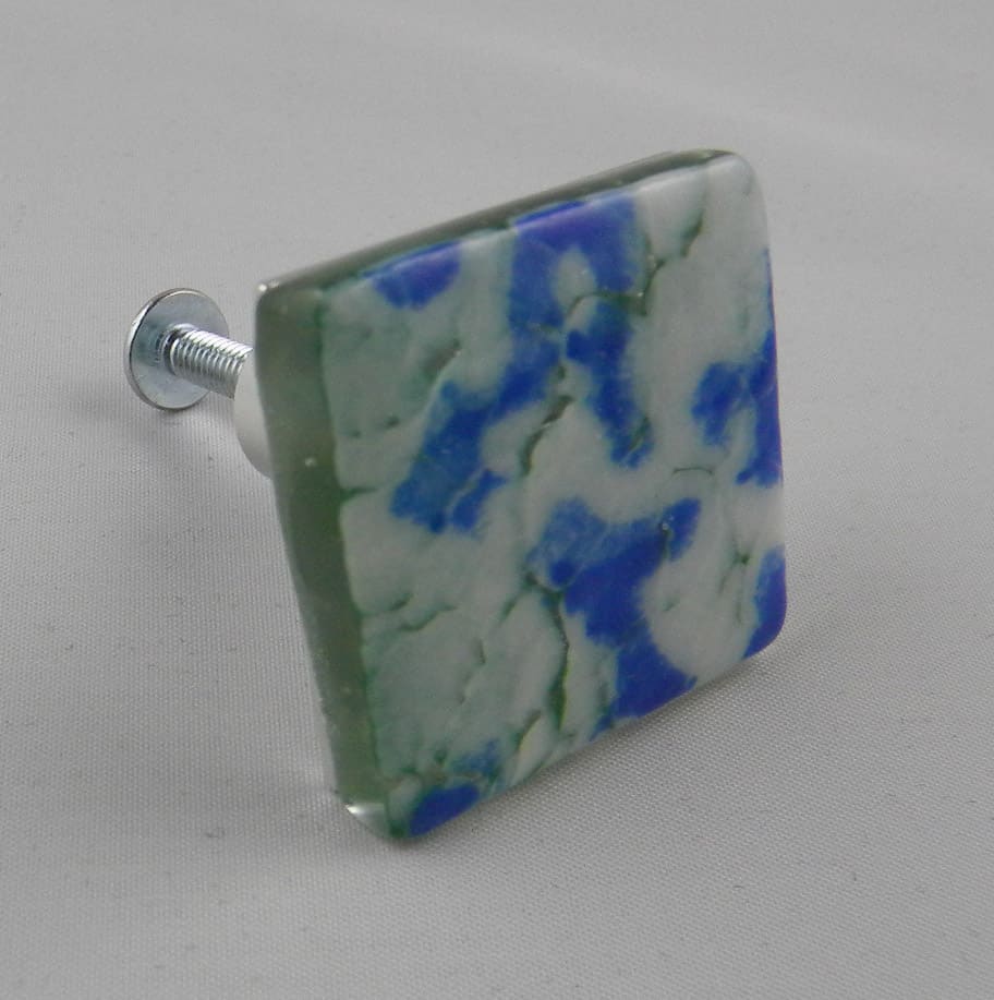 Handmade fused glass drawer pull (green, blue, white crackle) – Elegant ...